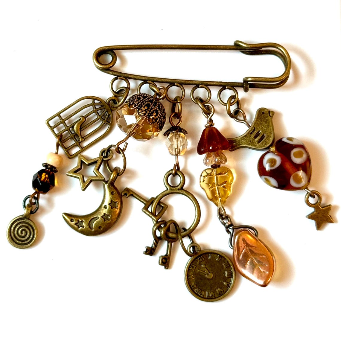 Antique Bronze Kilt Pin Brooch With Steampunk Goth Style Charms and Amber Coloured Beads - Etsy