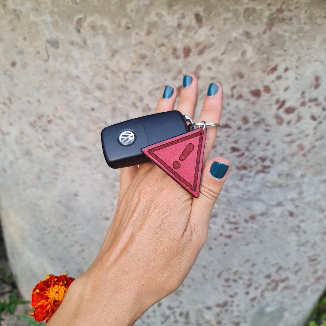 Handmade Red Leather Warning Sign Keychain Triangle Leather Exclamation ...
