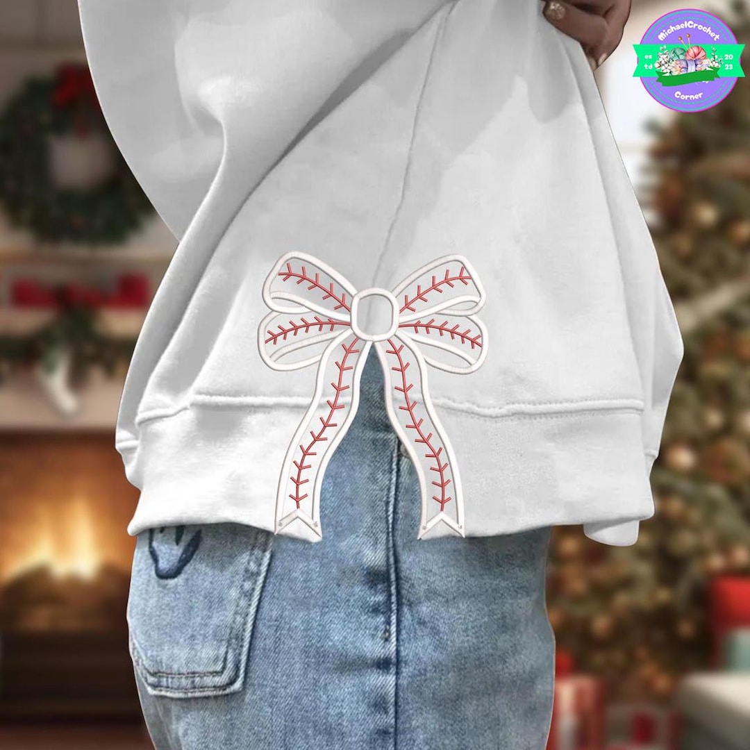 Side Bow Appliqué Sweatshirt Embroidery Design , Baseball Bow ...