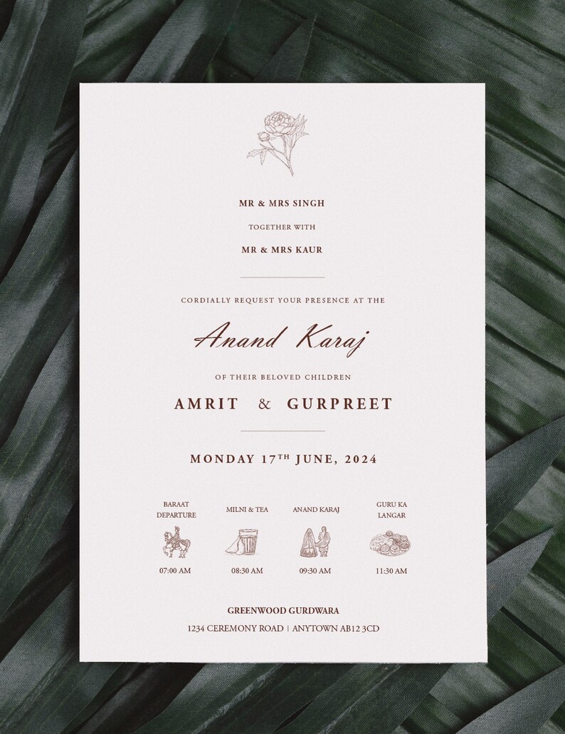 Simple & Elegant Sikh Wedding Invitation Template With Illustrated ...