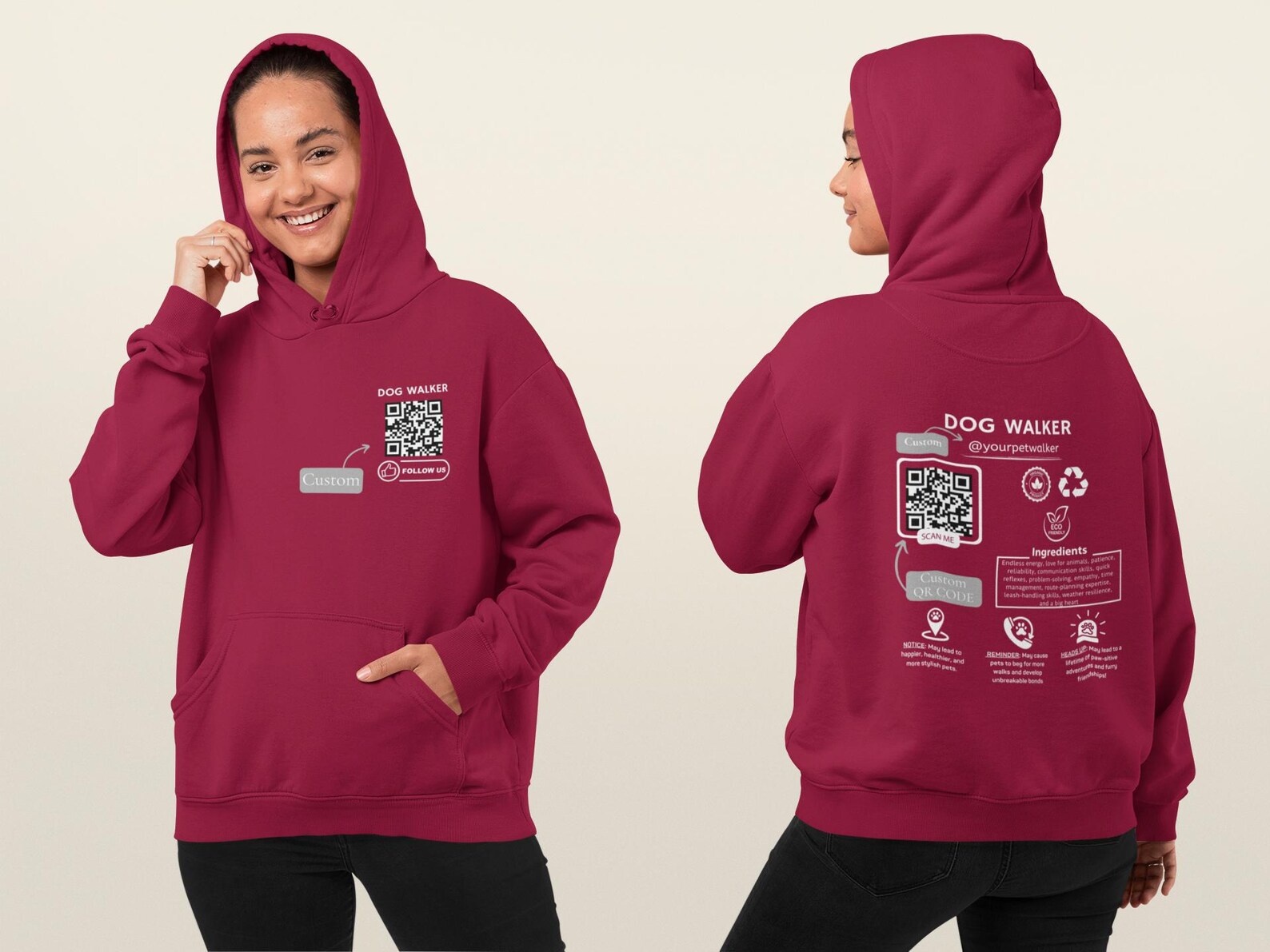 Custom Dog Walker Hoodie, Personalizable QR Code, Business Branding ...