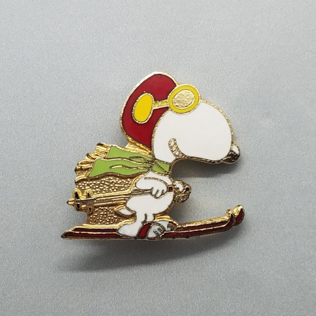 Aviva Vintage Snoopy Pin Flying Ace on Skis Red Helmet Yellow Goggles ...