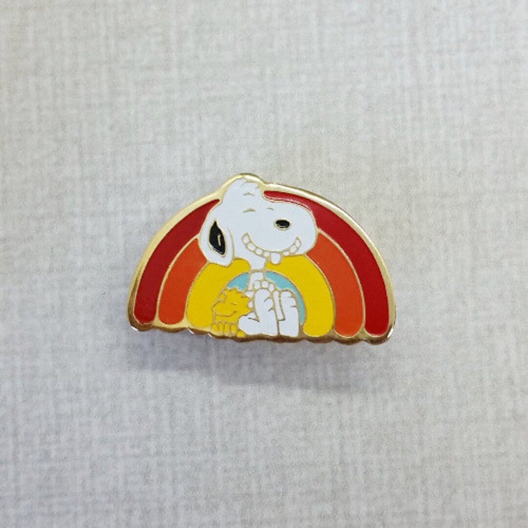 Aviva Vintage Snoopy Pin With Woodstock on Rainbow Red Orange Yellow ...