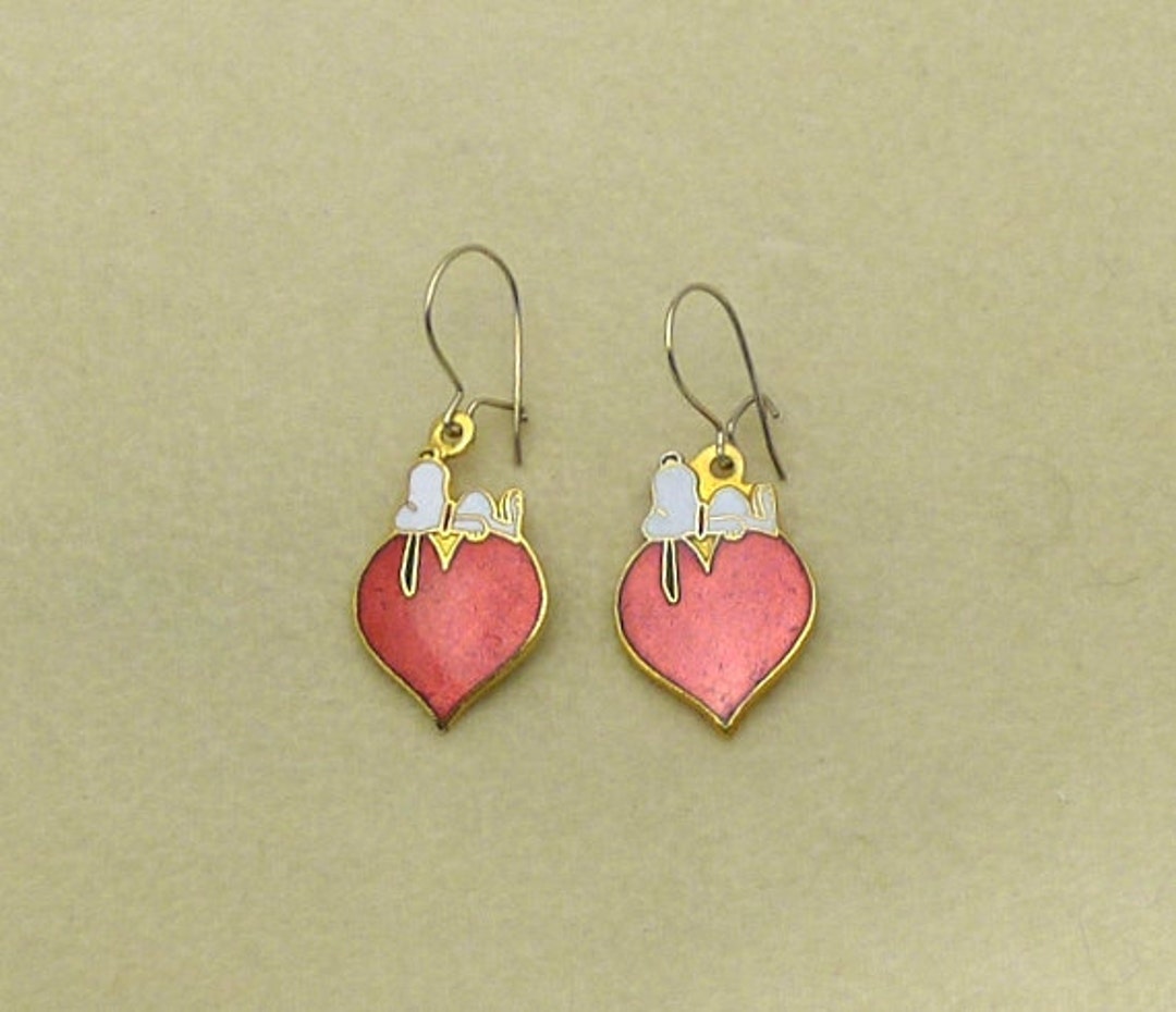 Aviva Vintage Snoopy Heart Earrings Enamel Cloisonne 0056 - Etsy