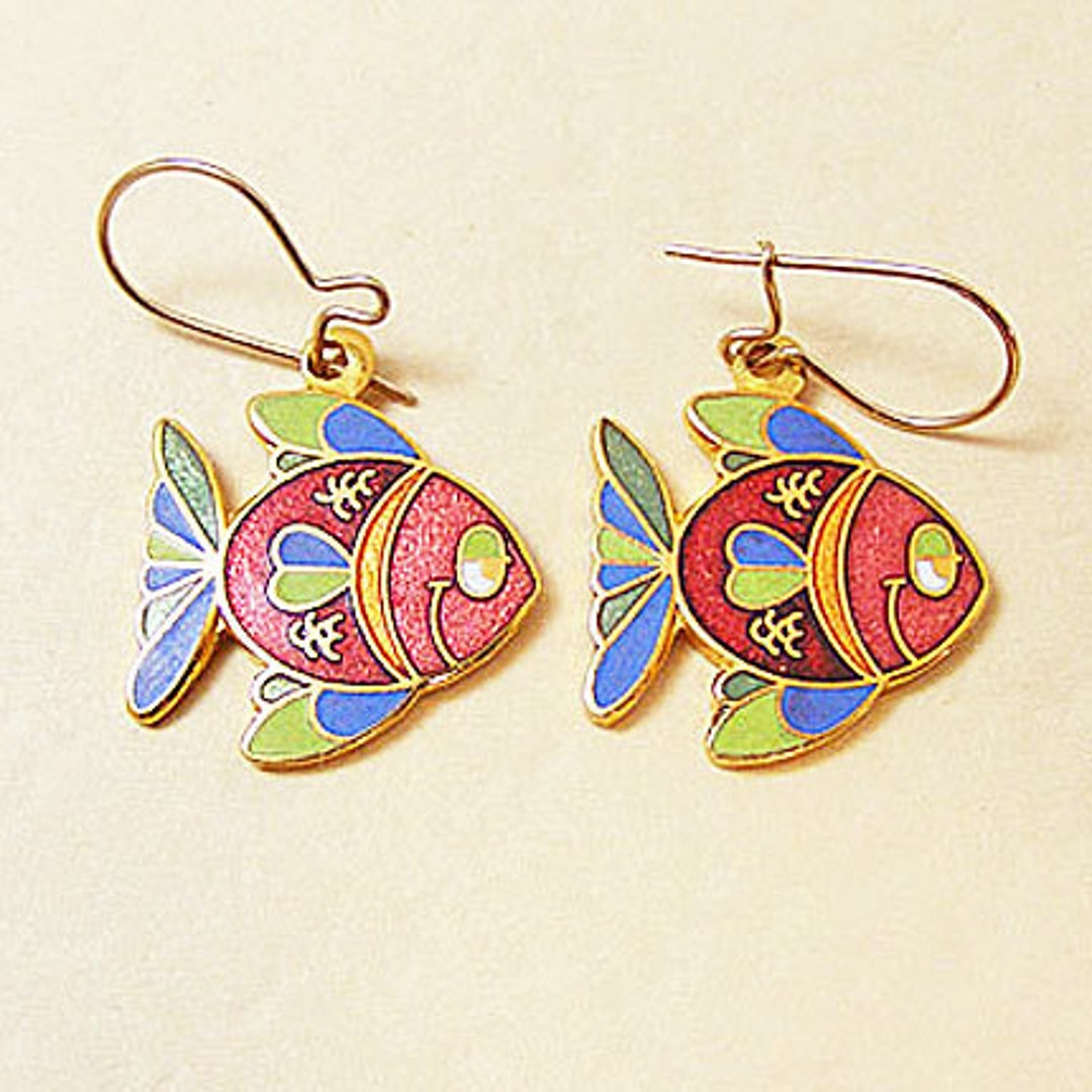 Vintage Aviva Red and Blue Cartoon Fish Enamel Earrings Enamel ...