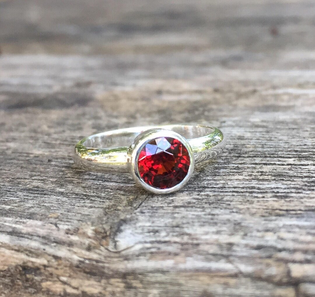 Silver Garnet Ring, Simple Little Sterling Silver Ring With Round Bezel ...