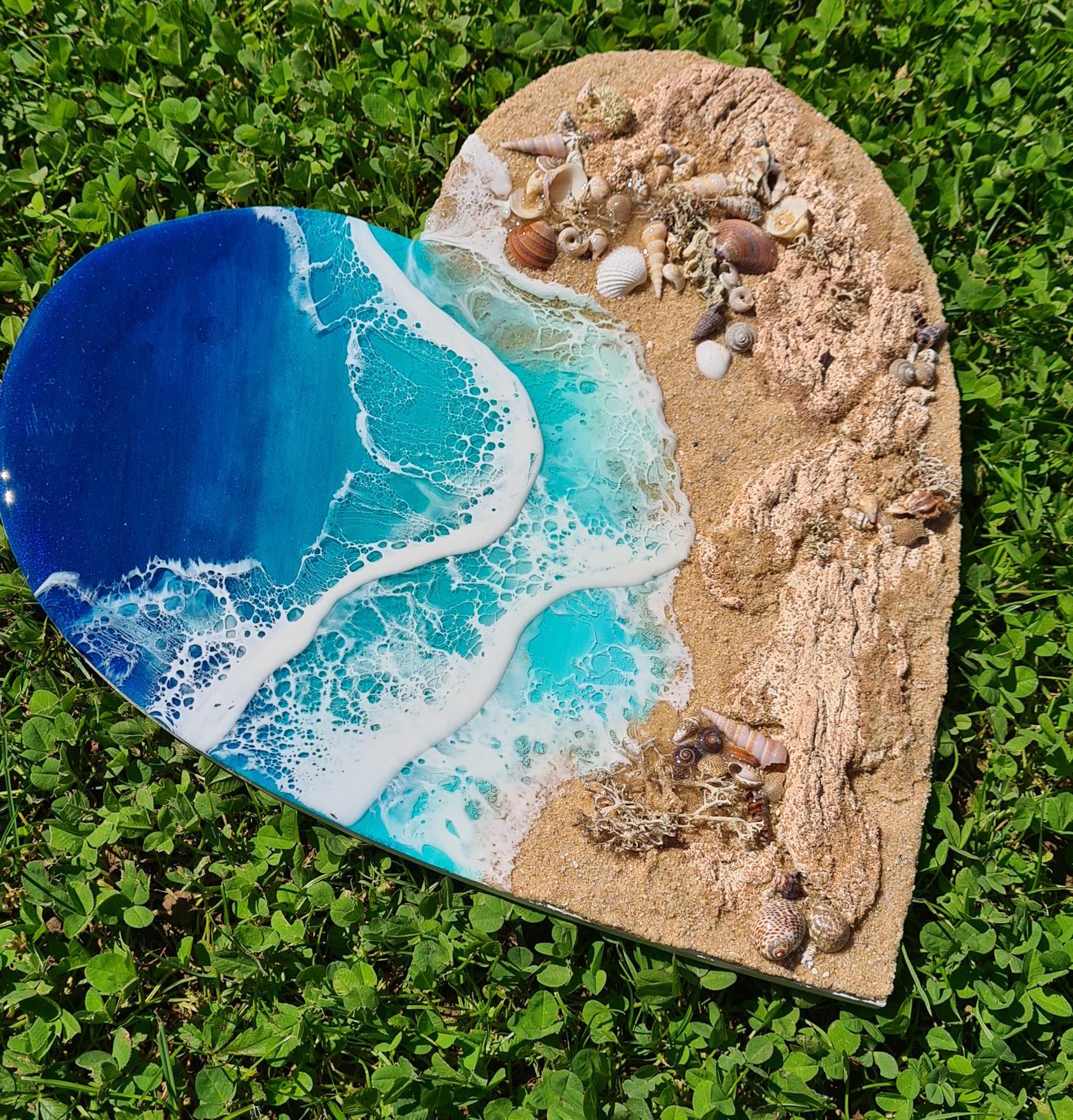 Resin Sea Heart, Resin Beach Wall Art, Epoxy Beach Painting, Epoxy ...