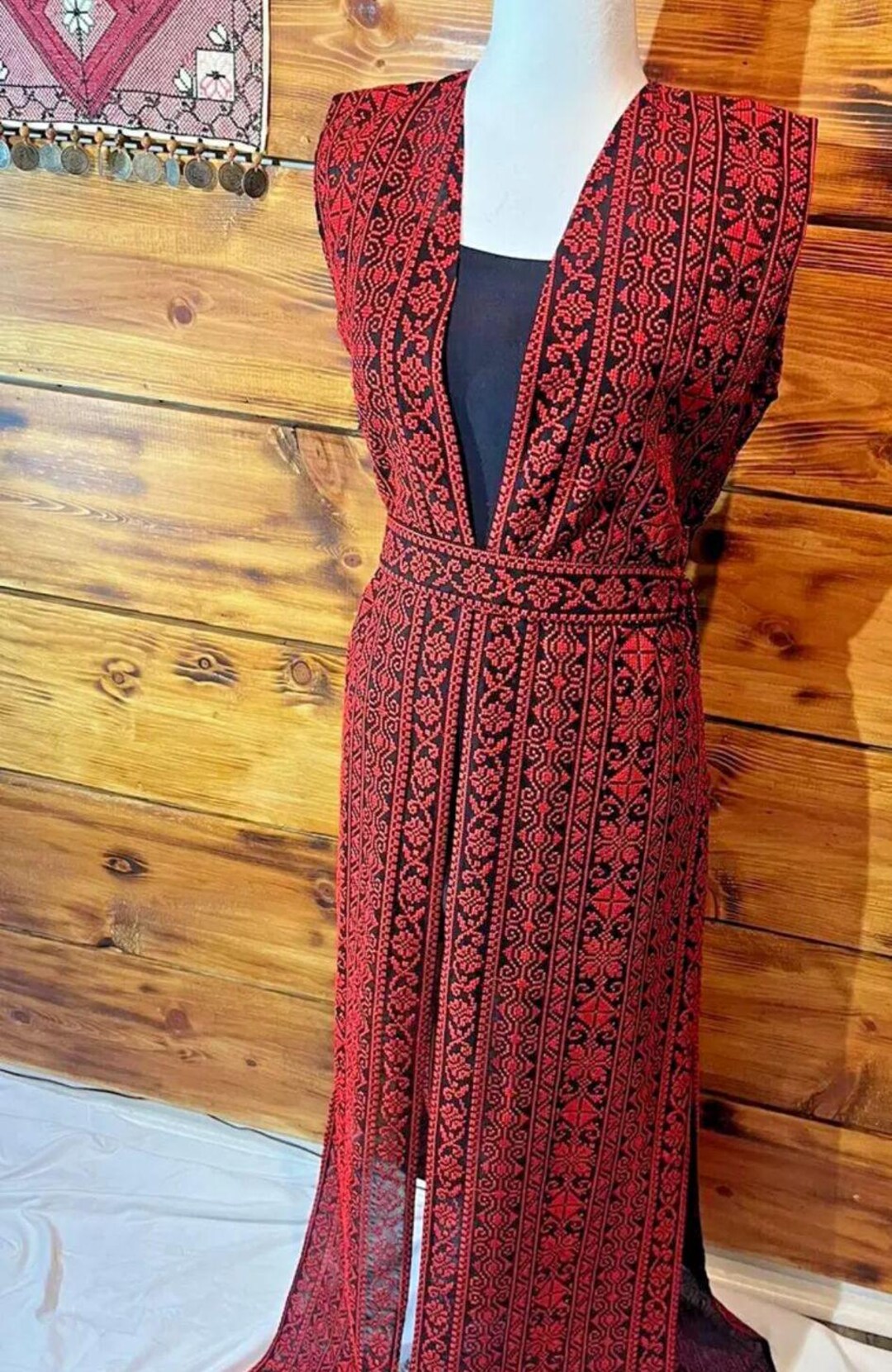 Palestine Tatrez Long Red Dress, Red and Black With Belt, the Design ...