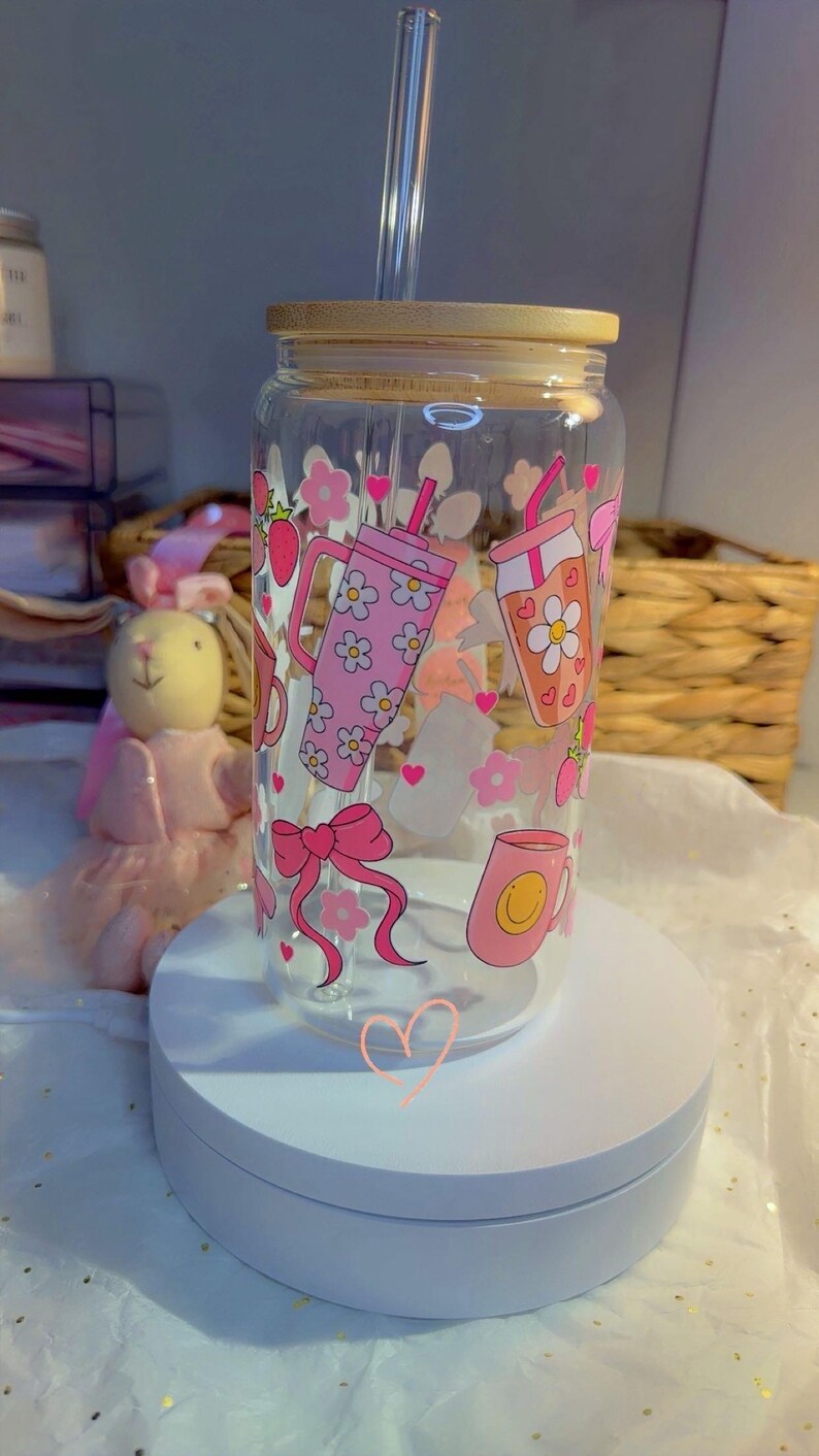 Cute Pink Glass Cup With Straw | Aesthetic Strawberry & Bow Design ...