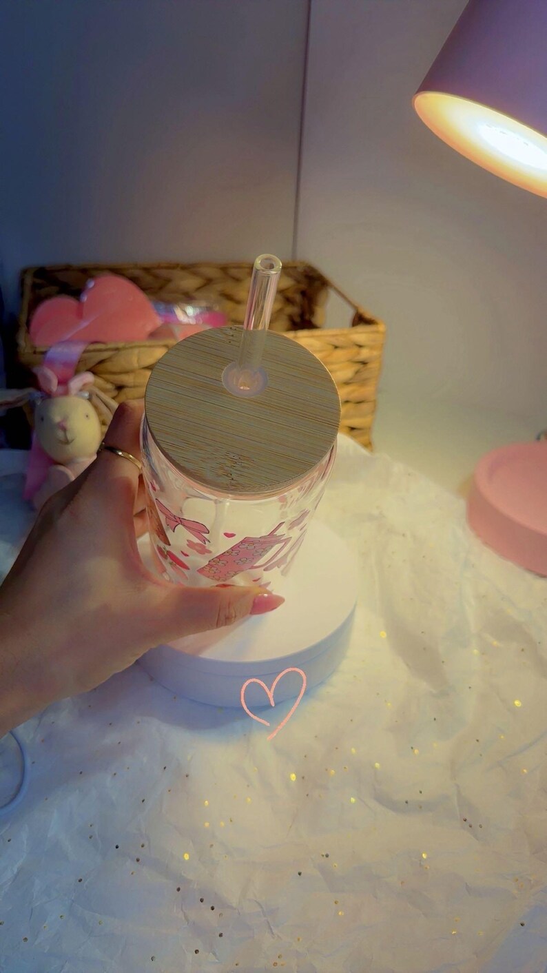 Cute Pink Glass Cup With Straw | Aesthetic Strawberry & Bow Design ...