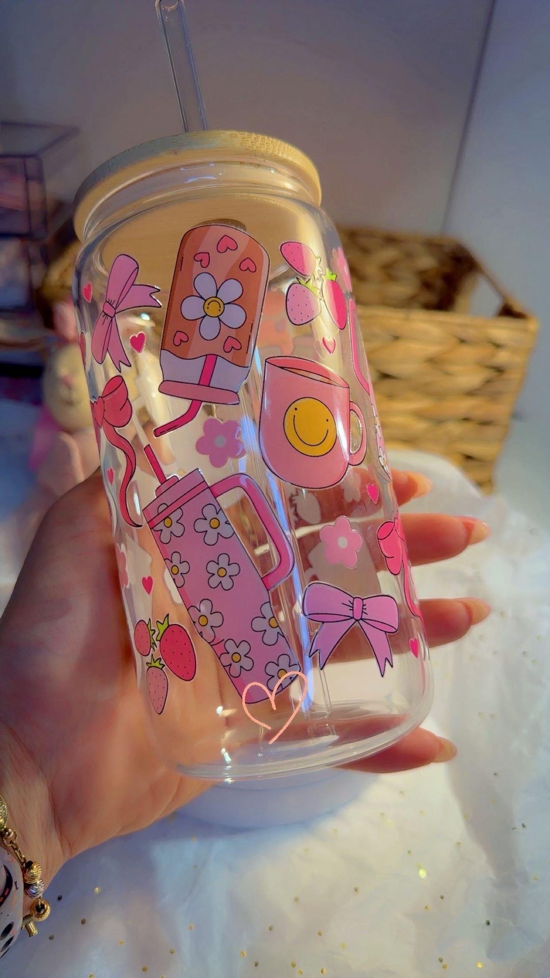 Cute Pink Glass Cup With Straw | Aesthetic Strawberry & Bow Design ...