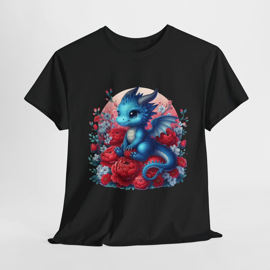 Blue Dragon Shirt With Red Peonies - Whimsical Fantasy Tee - Etsy