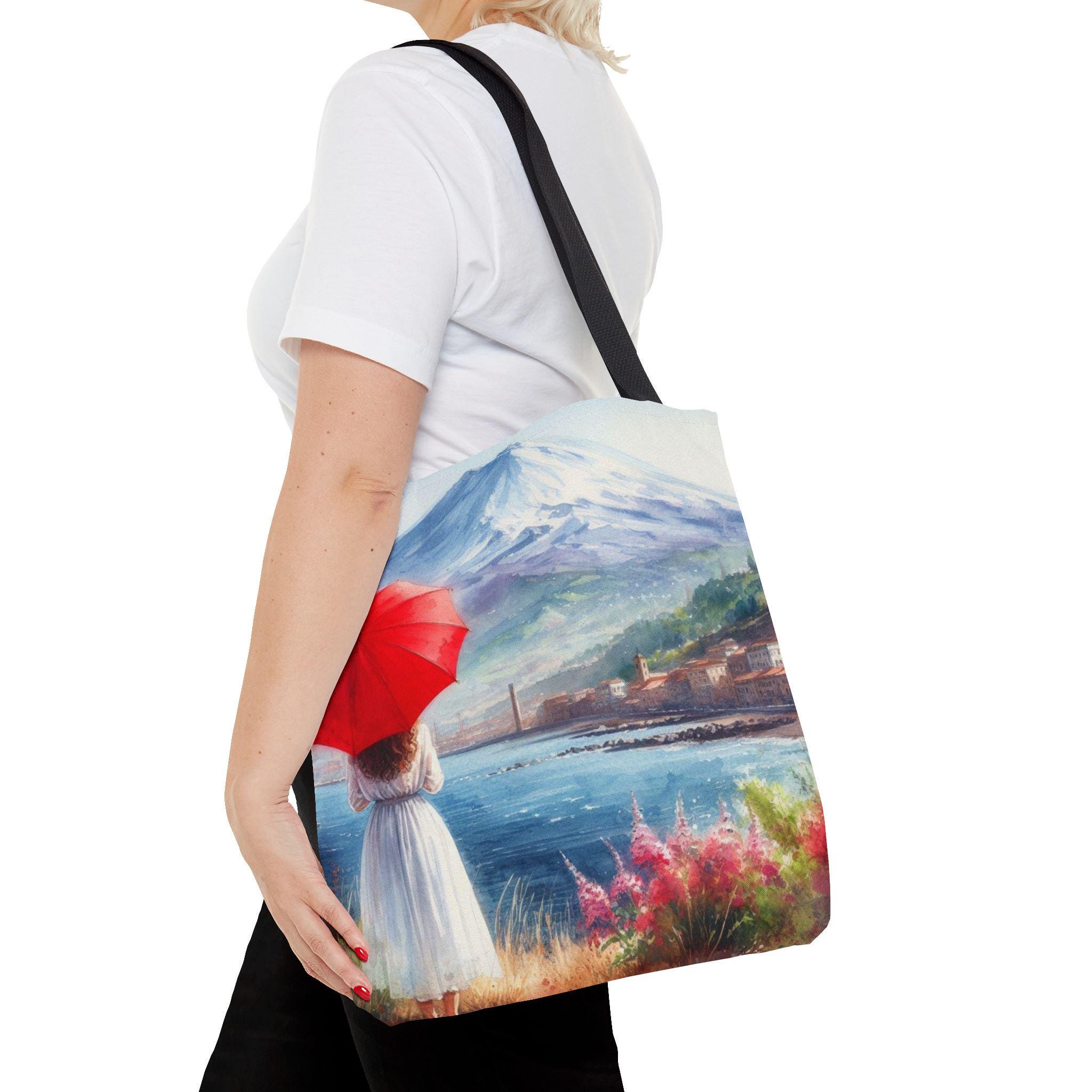 Tote Bag, Sicilian Red Umbrella Tourist Mt Etna Design, Beach Bag ...
