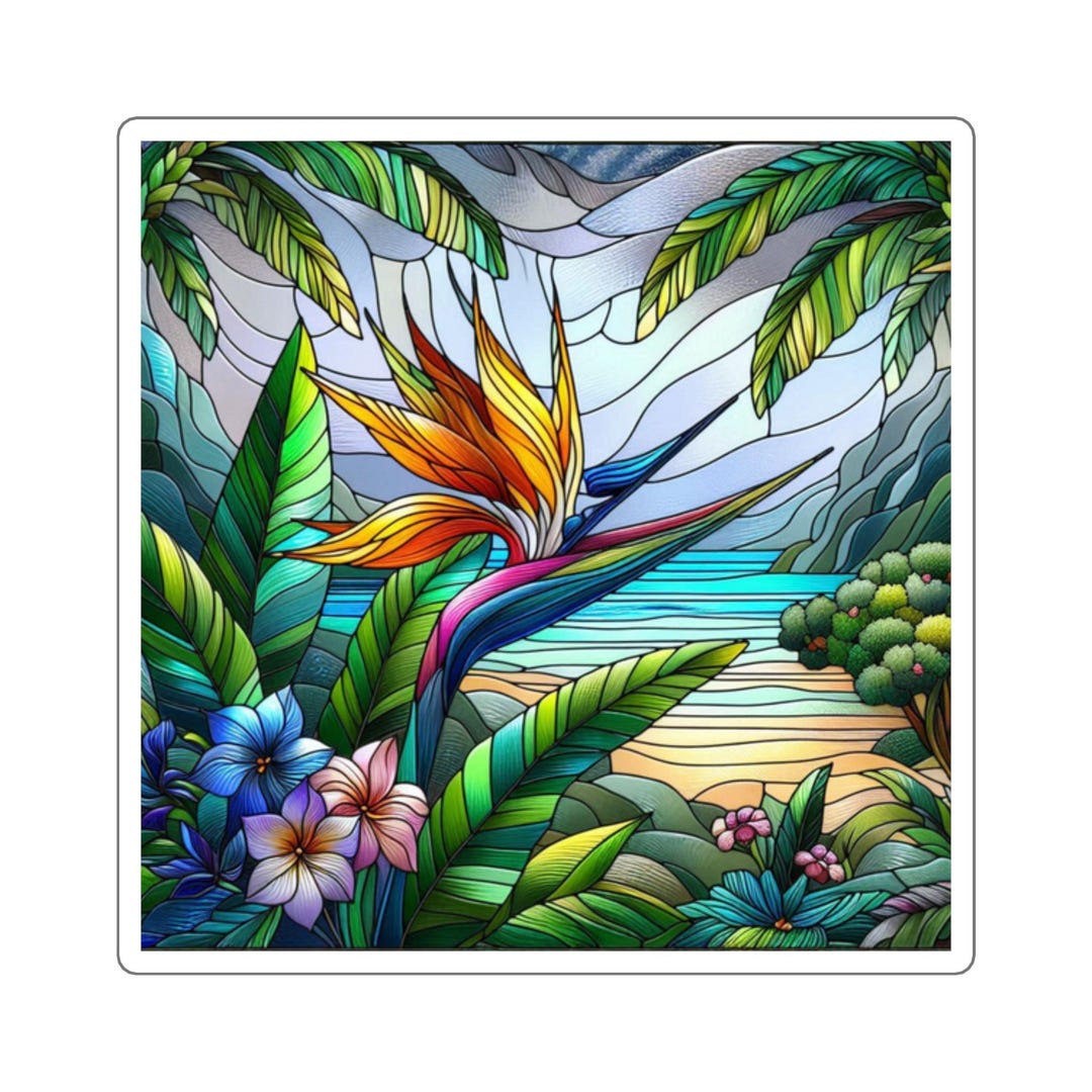 Tropical Bird of Paradise Square Sticker | Beach Floral Scene - Etsy