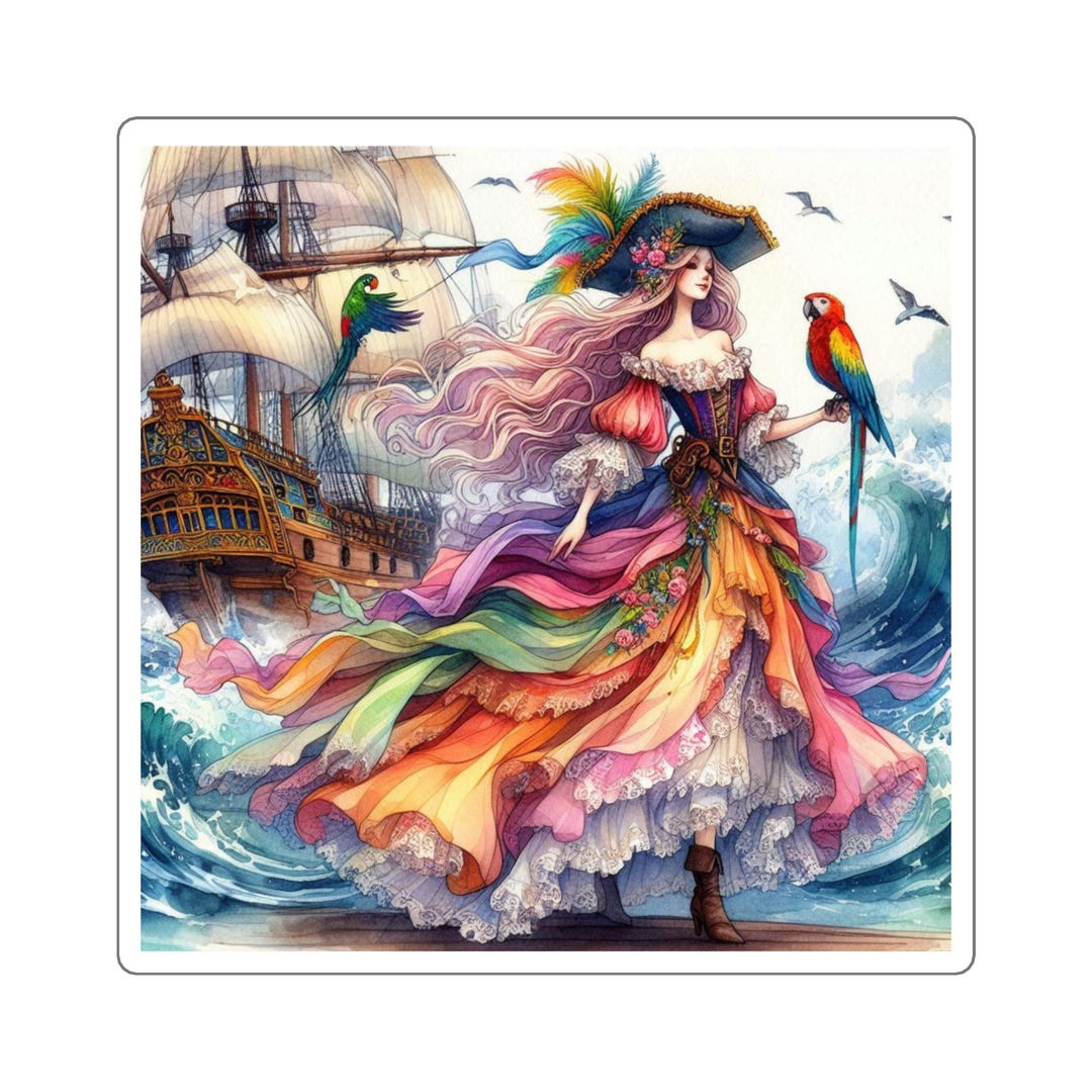 Calypso Pirate Sticker - Female Buccaneer With Parrots and Ship - Etsy