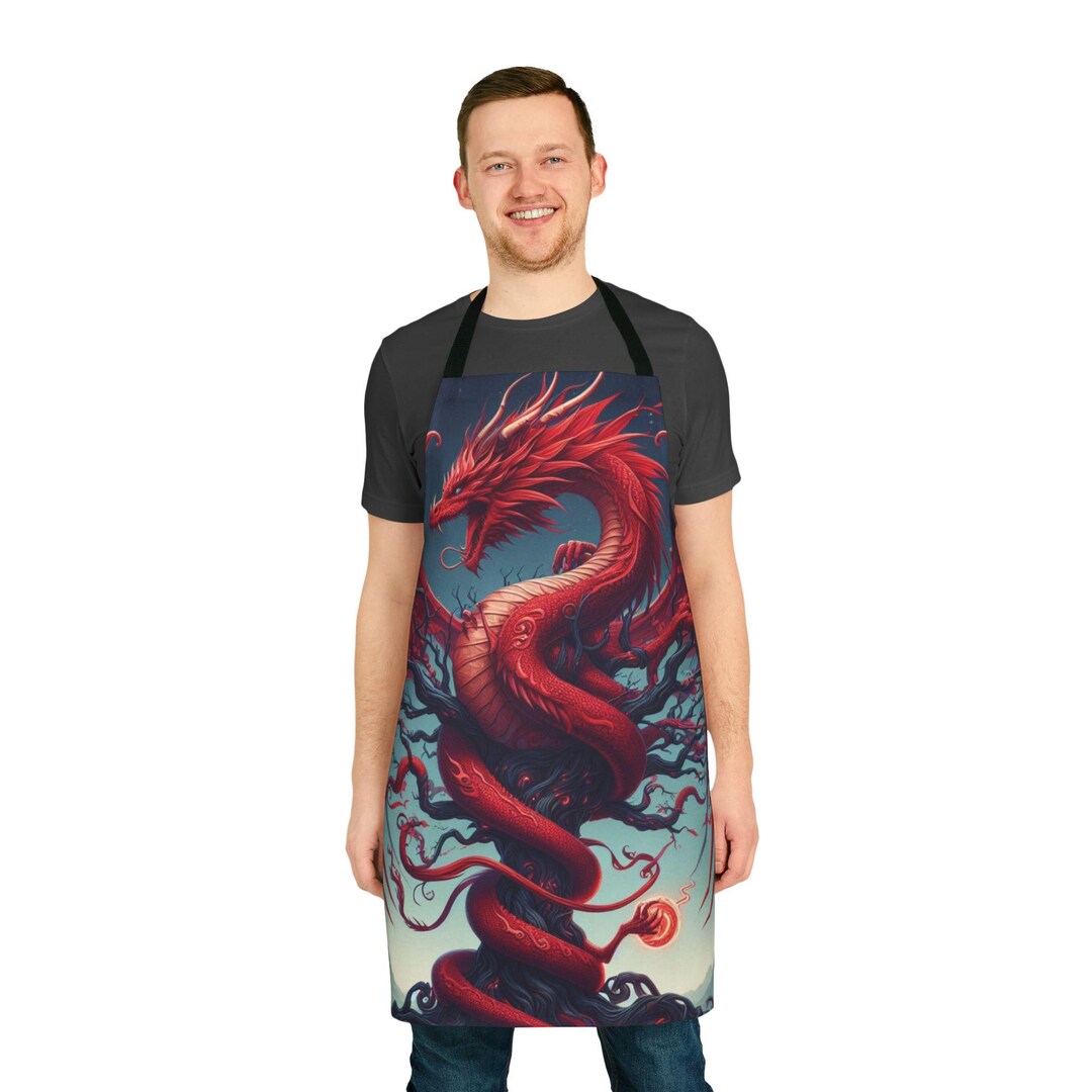 Apron, Red Dragon Wrapped Around Tree, Kitchen Cooking Gift, BBQ Grill ...
