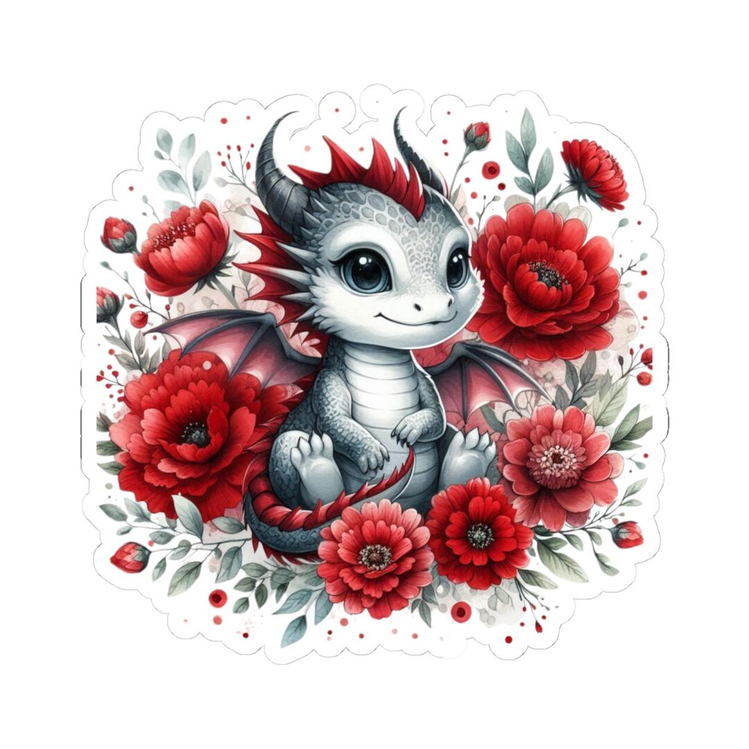 Dragon Stickers, Cute Red Flower Dragon Sticker, Adorable Kiss-cut ...