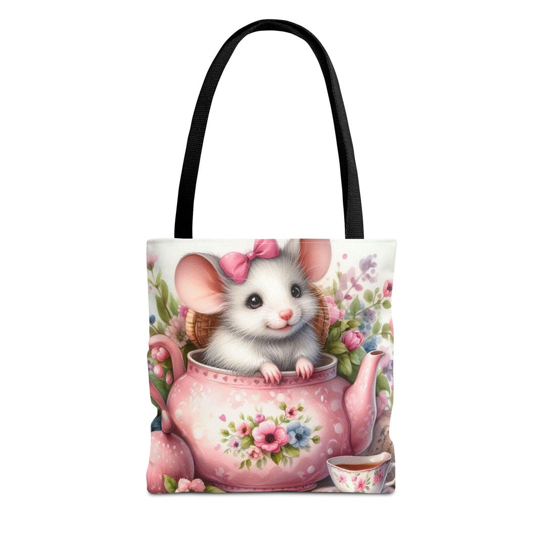 Mouse in Teapot Tote Bag - Adorable White Mouse With Pink Bow Design ...