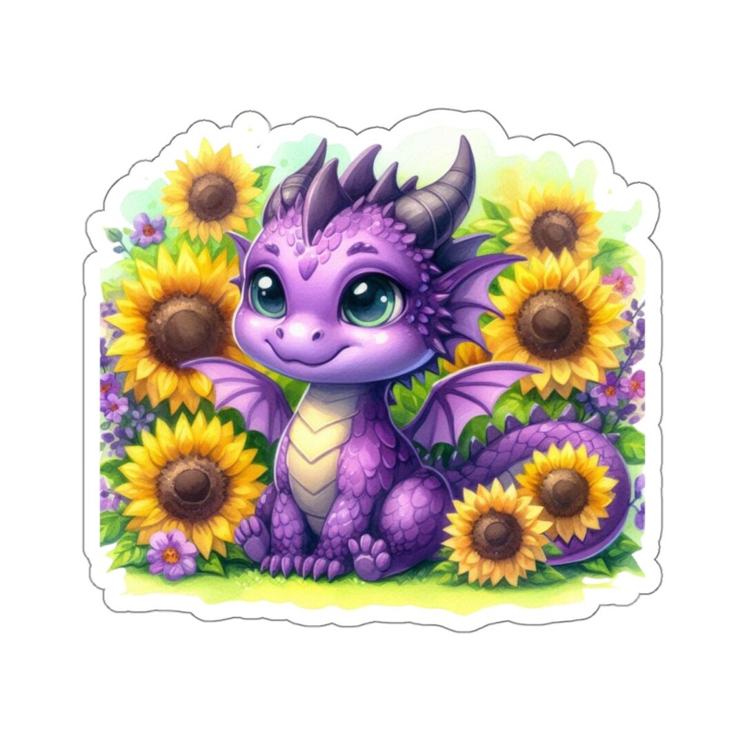 Dragon Kiss-cut Stickers, Purple Dragon & Sunflower Design, Fun Sticker ...
