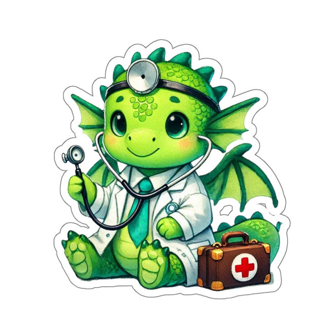 Doctor Dragon Stickers, Cute Green Dragon Kiss-cut Stickers, Fantasy ...