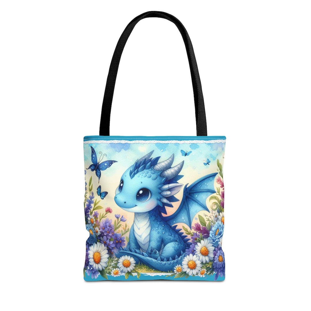 Dragon Tote Bag, Blue Dragon Design, Floral Tote, Cute Dragon Gift ...