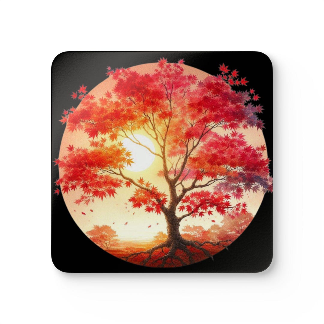 Red Maple Sunset Cork Coasters, 4-pack | Wood Grain Drink Coaster Set ...