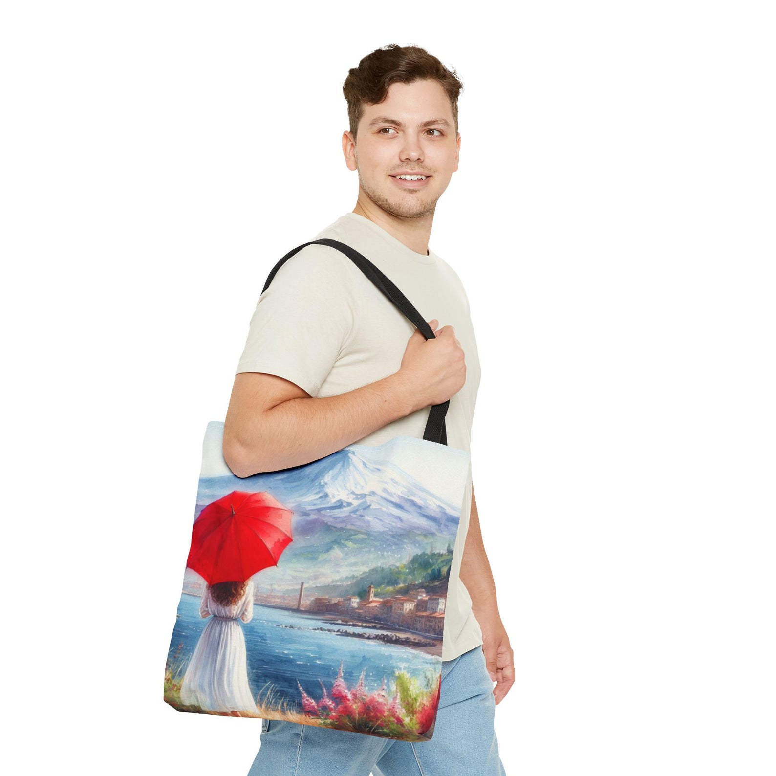 Tote Bag, Sicilian Red Umbrella Tourist Mt Etna Design, Beach Bag ...
