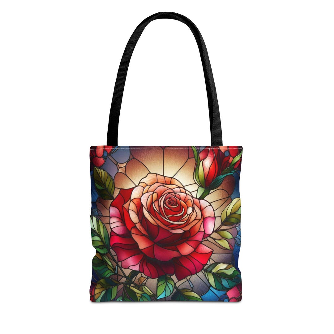 Stain Glass Rose Tote Bag, Floral Shoulder Bag, Red Flower Print Purse ...