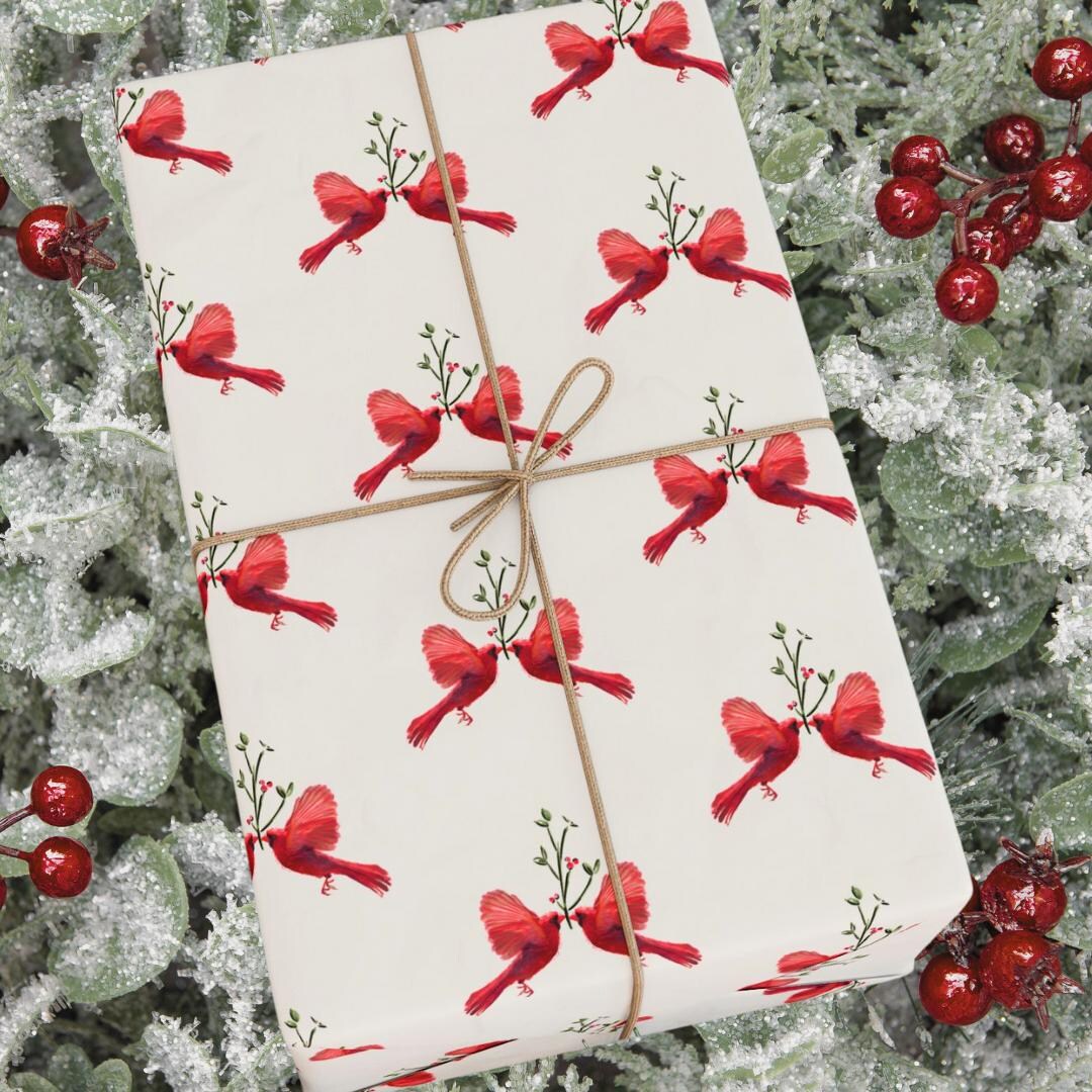 Cardinal Christmas Bows Wrapping Paper, Holiday Gift Wrap, Christmas ...