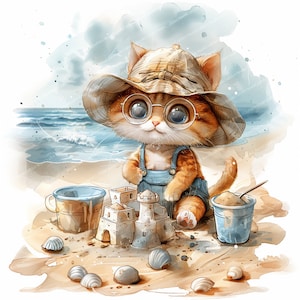 Kitten on Summer Vacation Clipart, Cute Kitten, Printable Watercolor ...