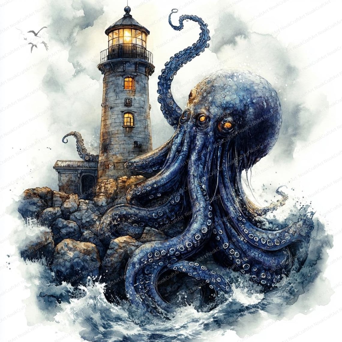 Kraken Lighthouse Watercolor Clipart: Nautical Fantasy Art (JPG) - Etsy