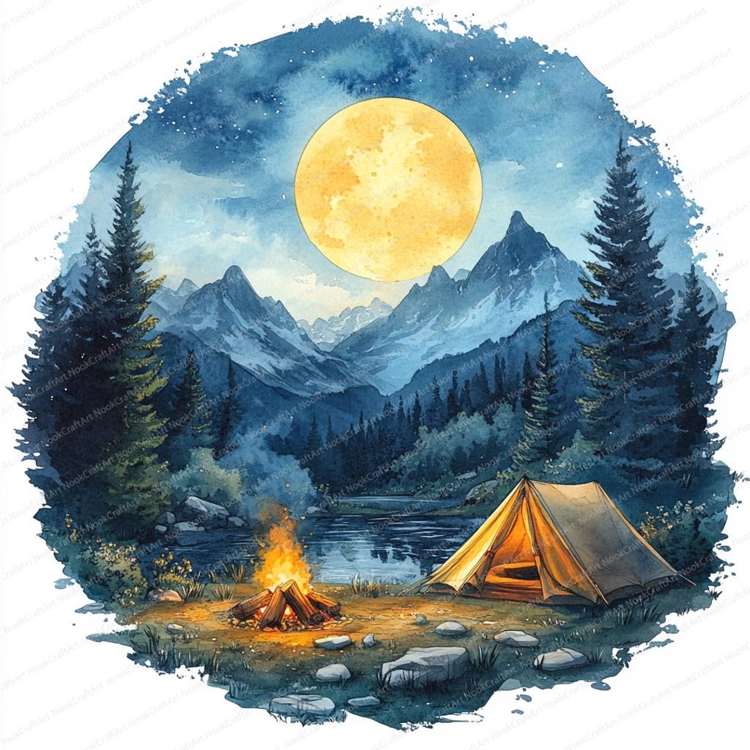 18 Camping Adventure Clipart | Mountains and Campfire Scene | Printable ...