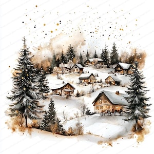 20 Christmas Card Clipart | Winter Village Greeting Card | Printable Watercolor Clipart | High ...