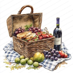 20 Picnic Basket Clipart With Food and Wine | Outdoor Summer Picnic ...