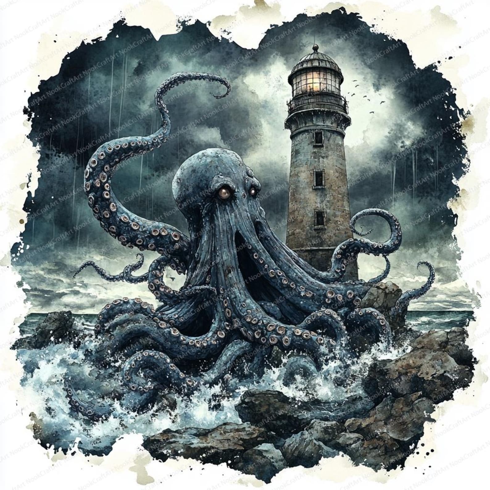 Kraken Lighthouse Watercolor Clipart: Nautical Fantasy Art (JPG) - Etsy