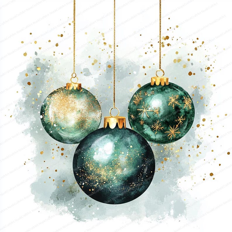 20 Christmas Card Clipart | Green and Gold Baubles Design | Printable ...
