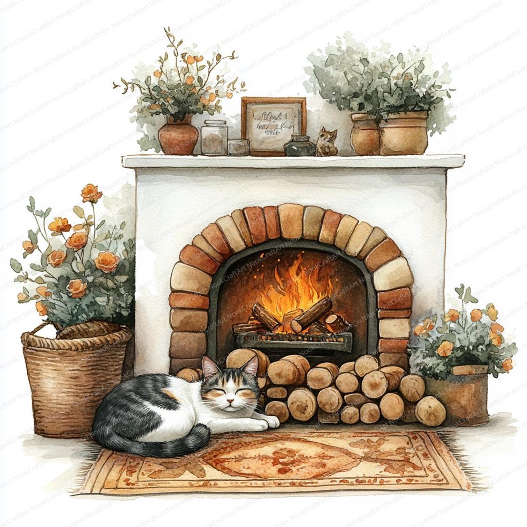 22 Cozy Fireplace Clipart With Cat | Warm Hearth Illustration for ...