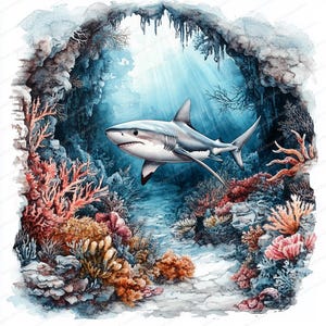 14 Shark in Underwater Cave Clipart Ocean Adventure Designs Printable ...