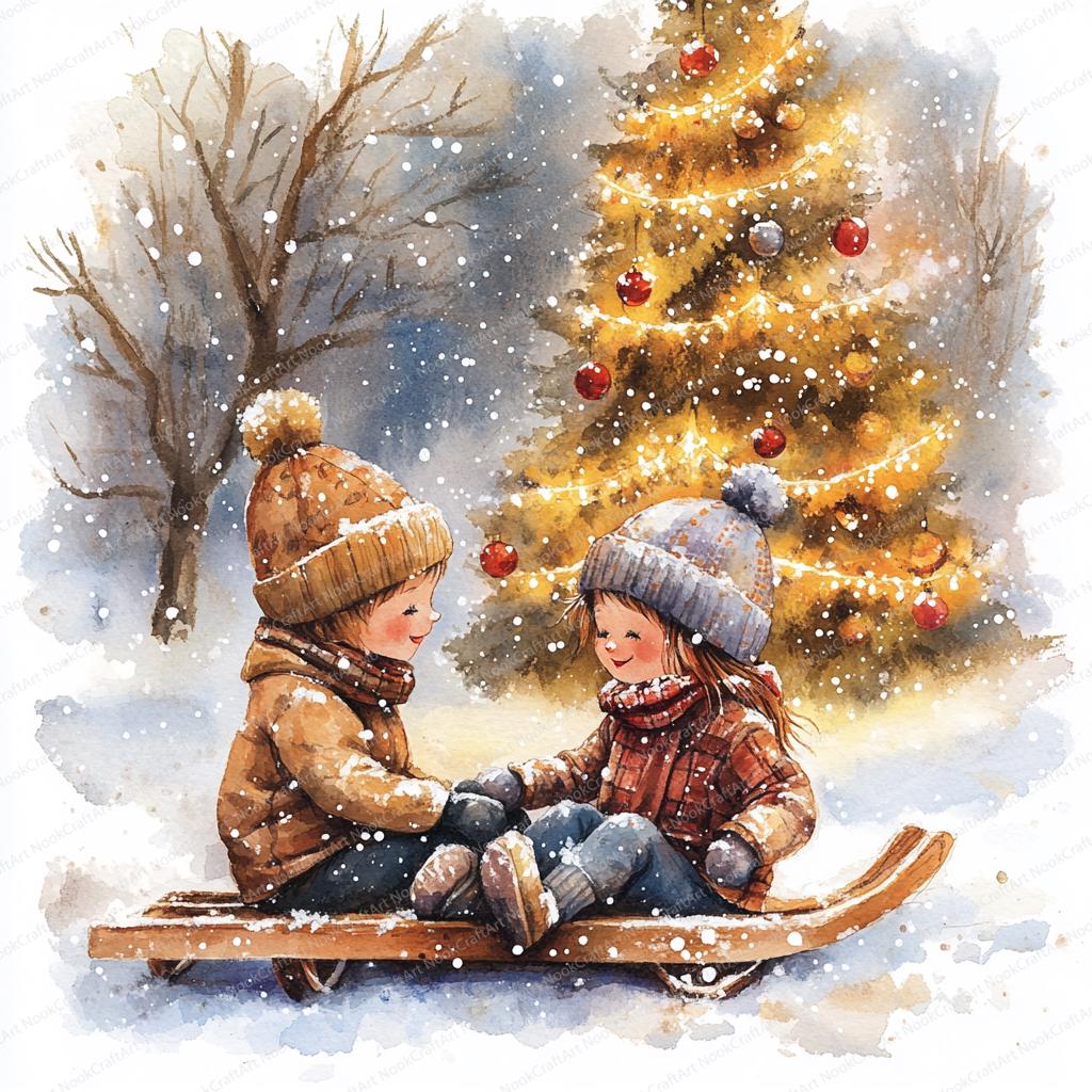 17 Winter Sledding Kids Clipart | Festive Christmas Tree Scene ...