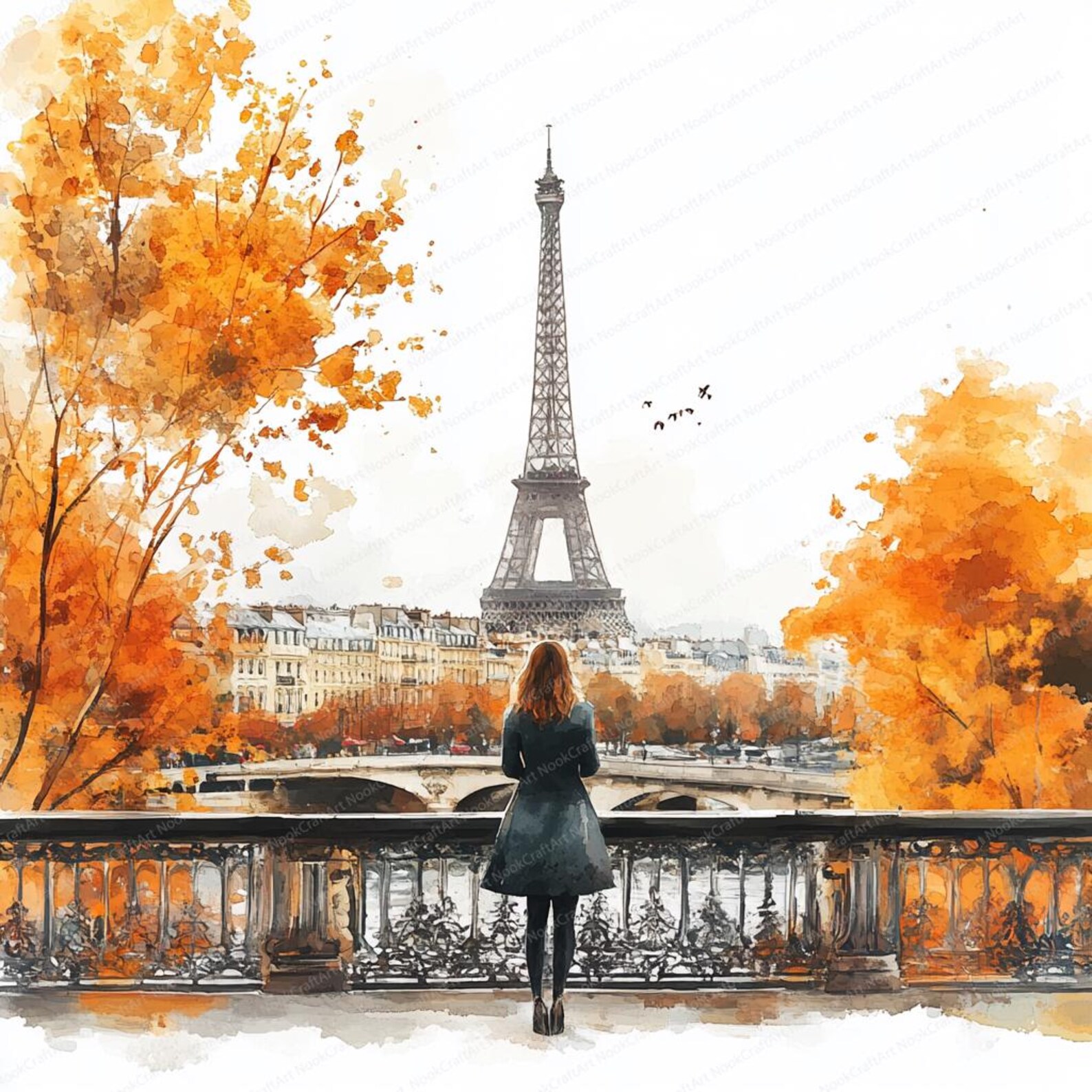 16 Woman on Bridge Clipart Fall in Paris Printable Watercolor Clipart ...