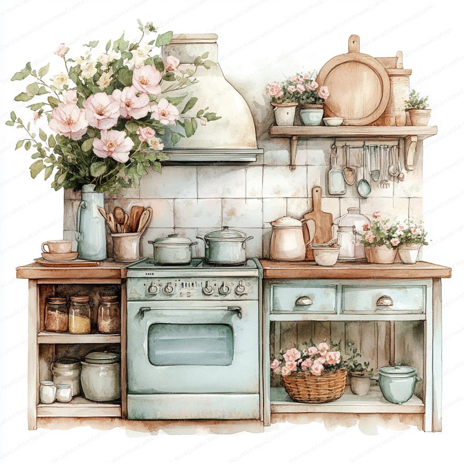 17 Shabby Chic Floral Kitchen Clipart | Printable Watercolor Clipart ...