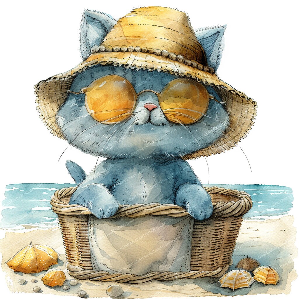Kitten on Summer Vacation Clipart, Cute Kitten, Printable Watercolor ...