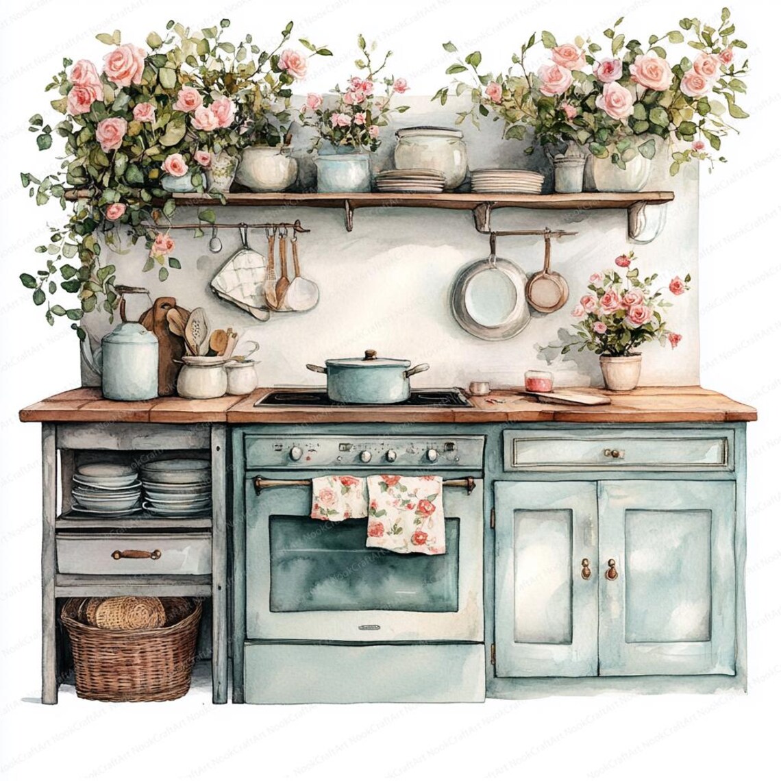 17 Shabby Chic Floral Kitchen Clipart Printable Watercolor Clipart High ...