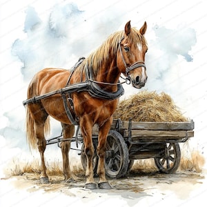 18 Horse and Hay Cart Clipart | Rustic Farm Animal Illustration ...
