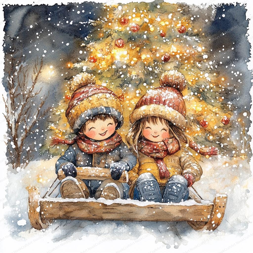 17 Winter Sledding Kids Clipart | Festive Christmas Tree Scene ...