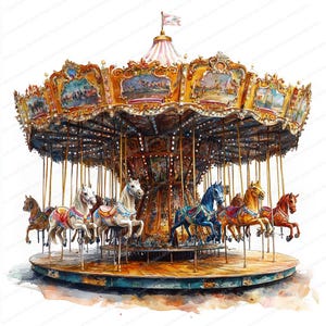 18 Carousel Horse Clipart | Whimsical Fairground Illustrations| Printable Watercolor Clipart ...