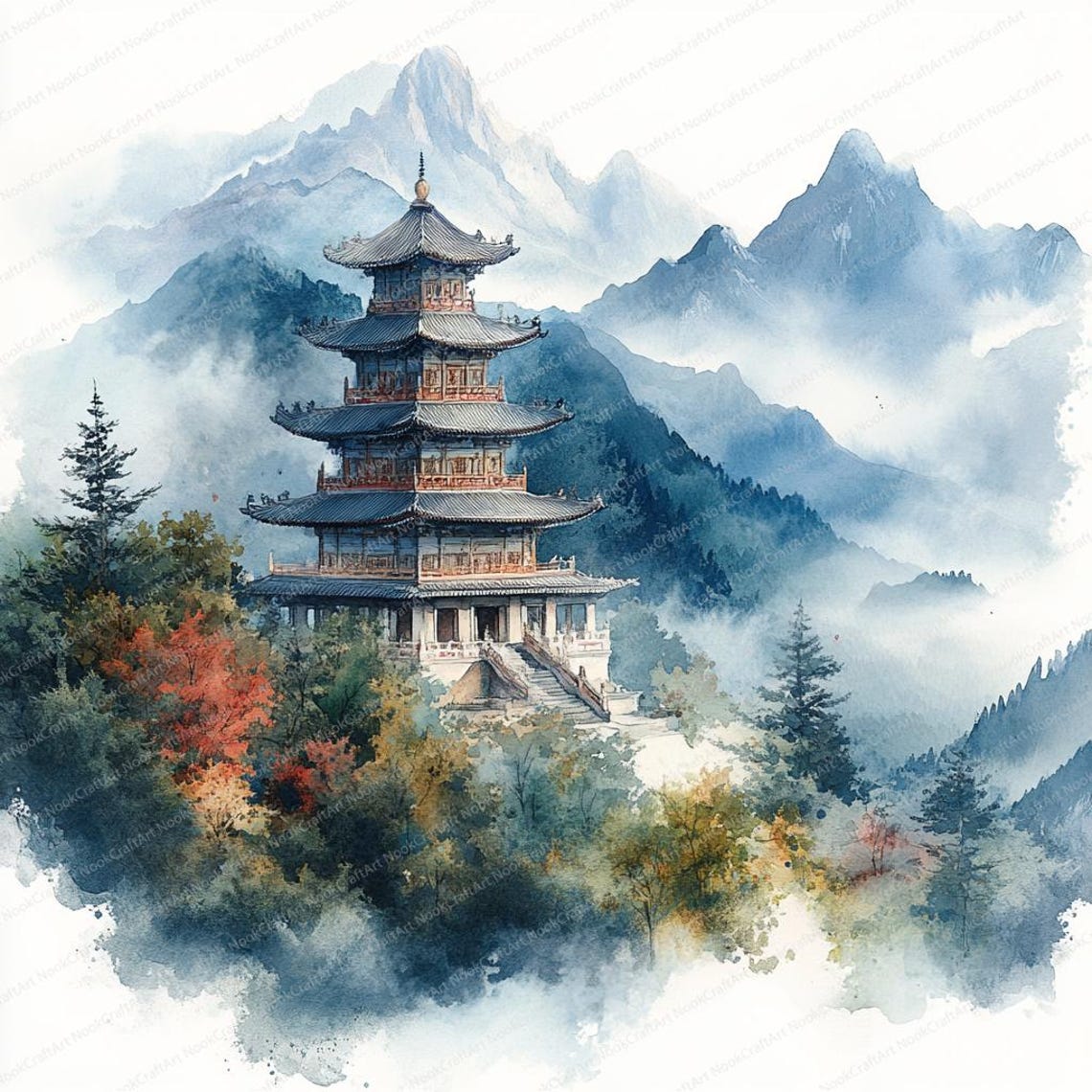 20 Mountain Pagoda Clipart | Chinese Landscape Illustration | Printable ...