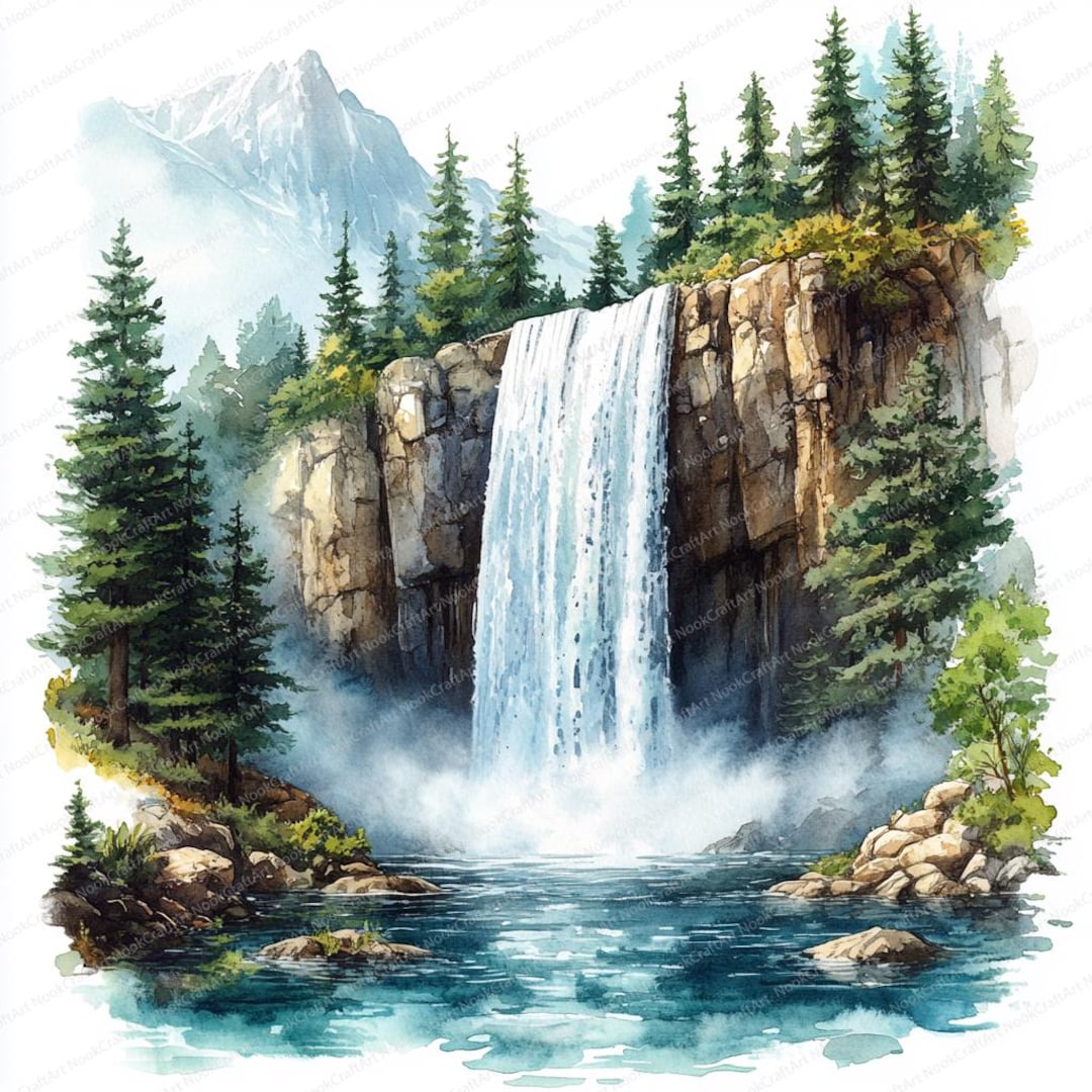 20 Waterfall Pine Forest Clipart | Nature Landscape Art Design ...