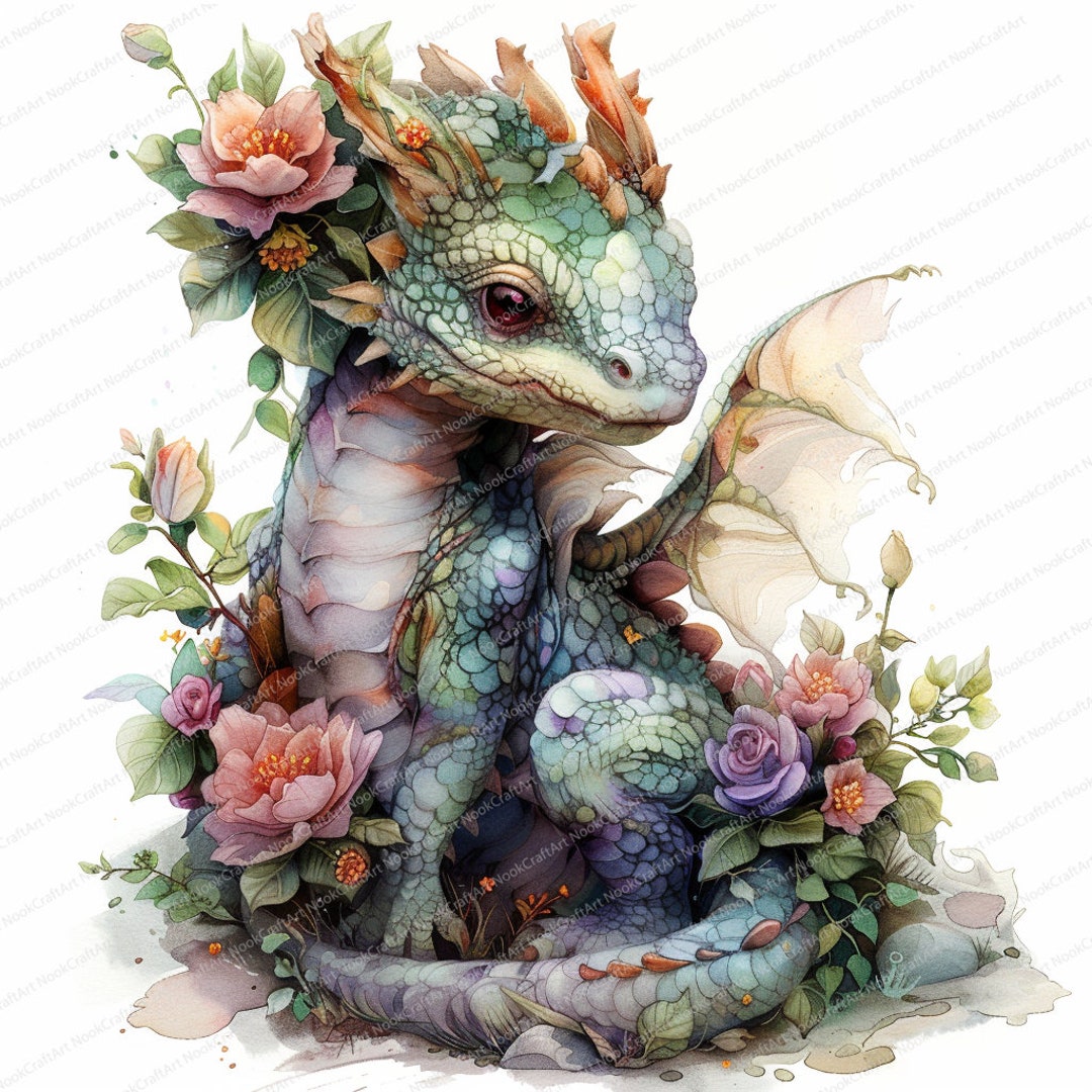 12 Cute Baby Dragons in Flowers Clipart | Printable Watercolor Clipart ...