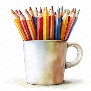 21 Colored Pencils in a Cup Clipart | Vibrant Art Supplies Illustration ...